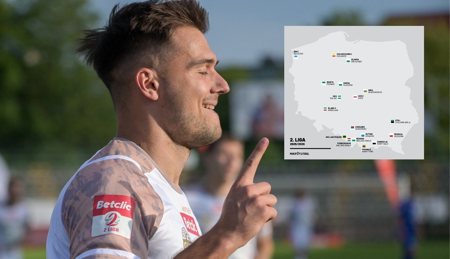 Mapa 2 ligi na sezon 2025/2026. W stawce rezerwy ŁKS i Śląska ...