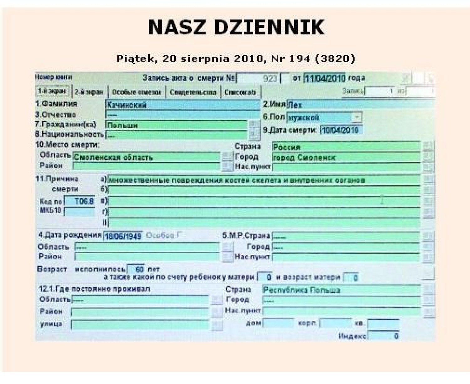 Akt zgonu Lecha Kaczyńskiego w "Naszym Dzienniku" | Nasze Miasto